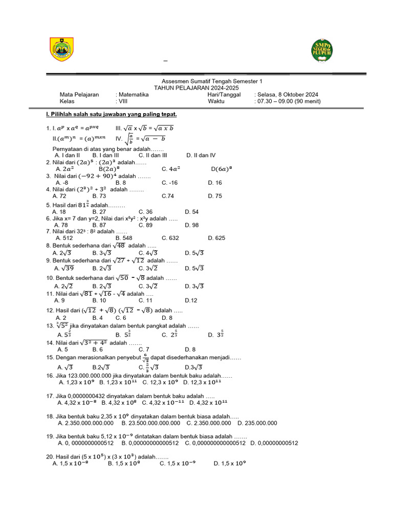 Asts 1 Matematika Kelas 8 | PDF