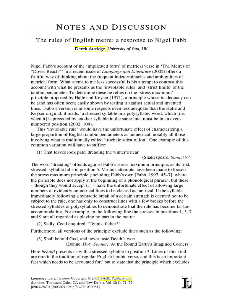 Attridge, D. (2003) 'The Rules of English Metre - A Response To Nigel ...