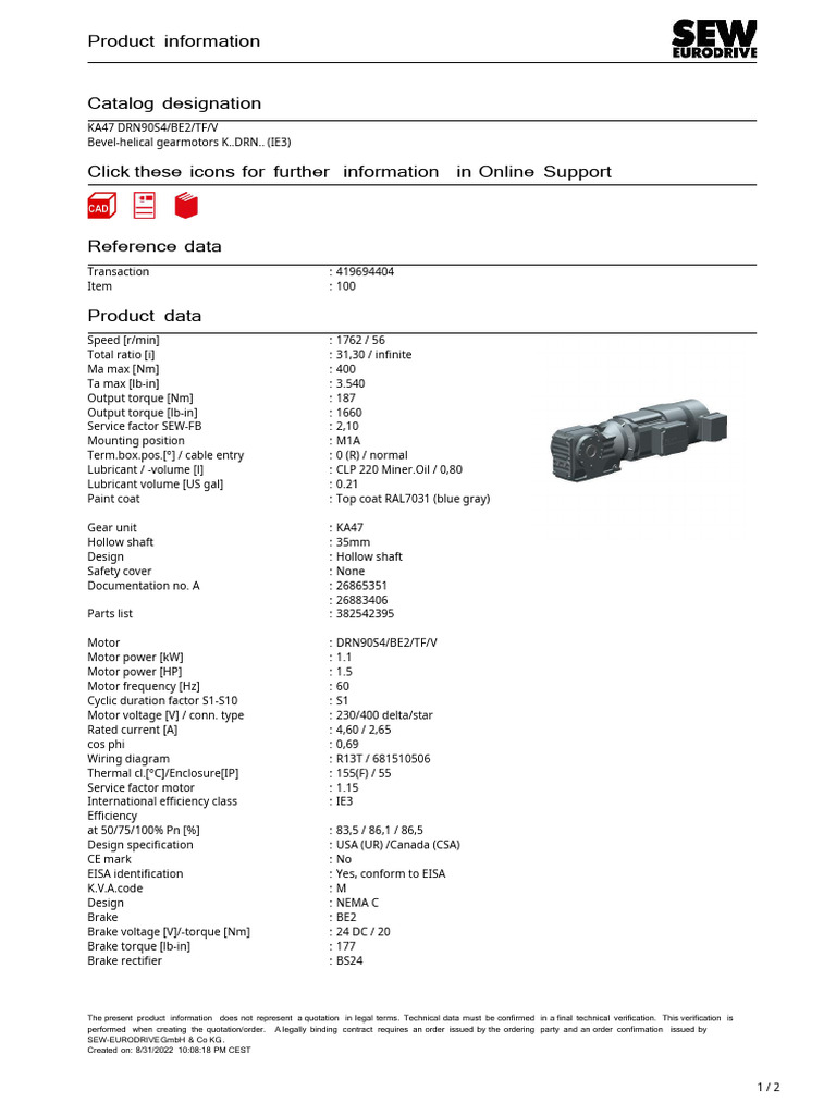 100 KA47 DRN90S4 BE2 TF V ProductData en DE | PDF