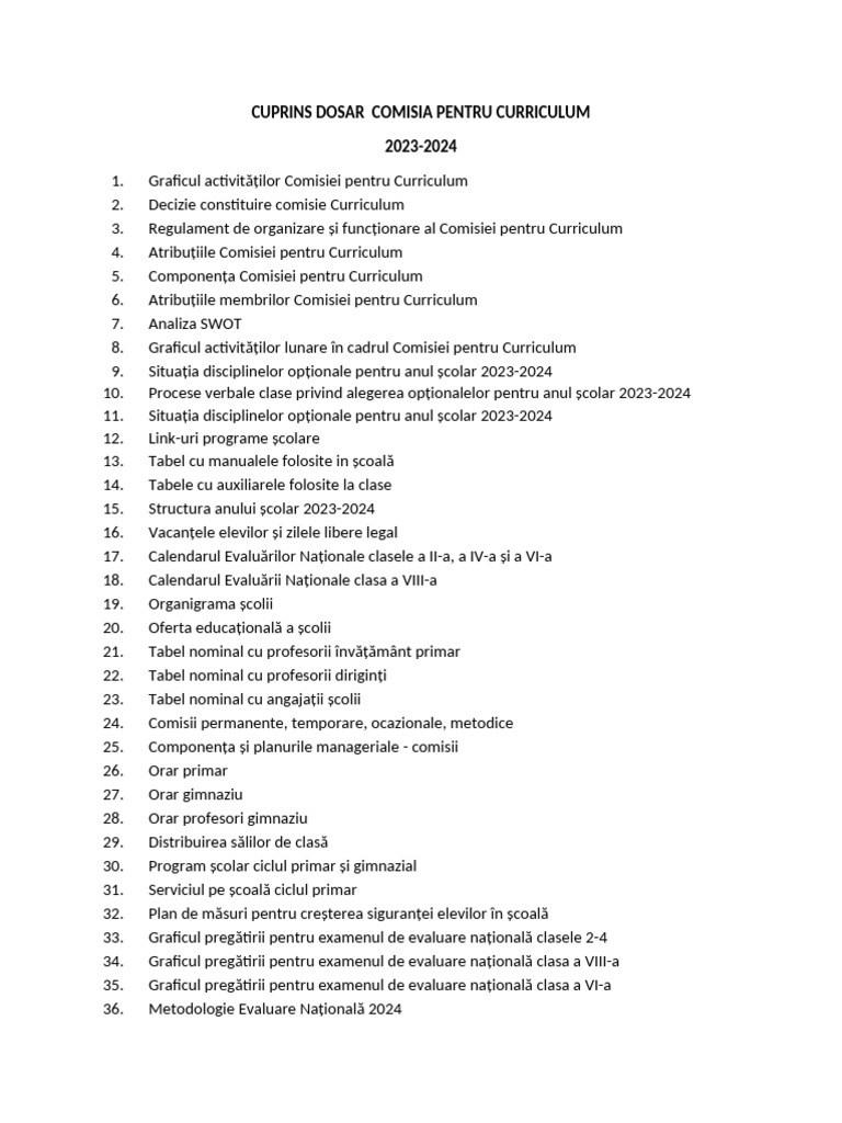 Cuprins Dosar Curriculum 2023 2024 | PDF