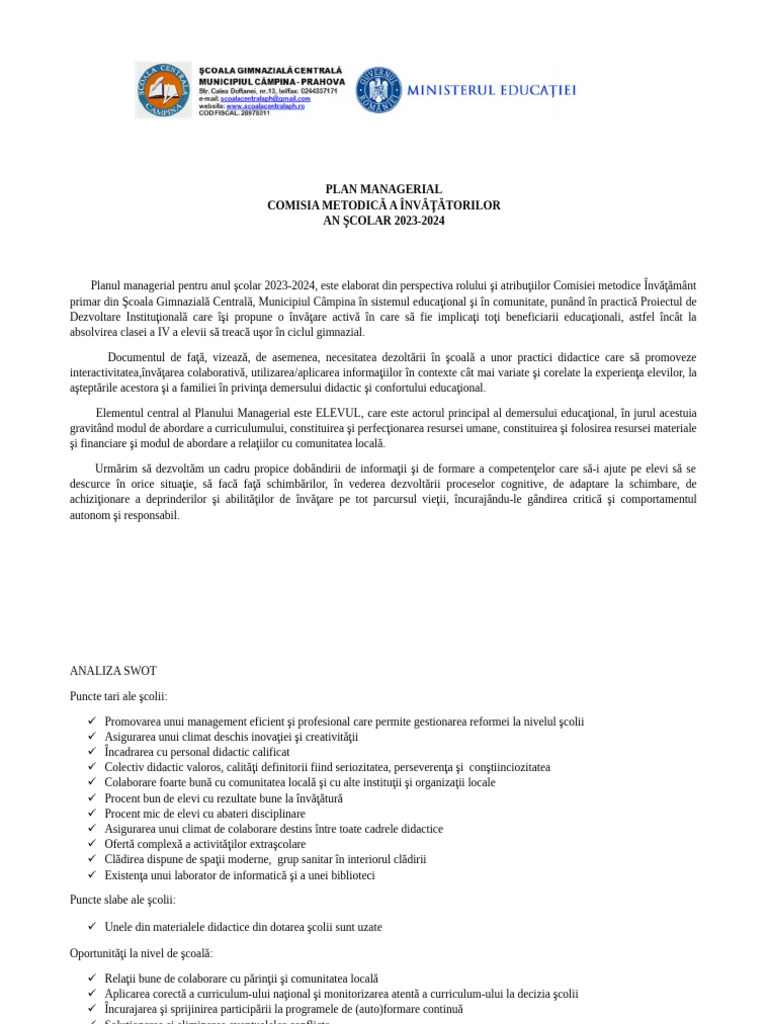 Plan Managerial Comisia Metodica A Invatatorilor 2023-2024 | PDF