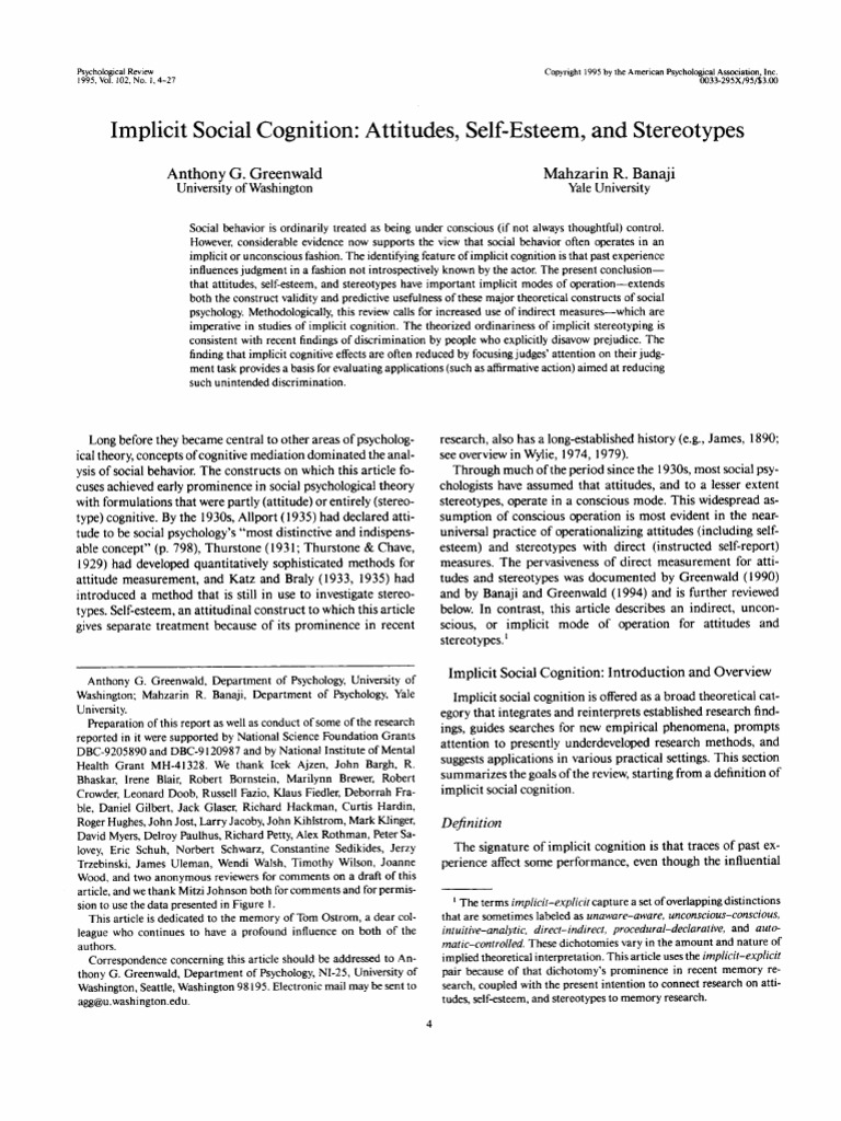 Implicit Social Cognition Attitudes Self | PDF