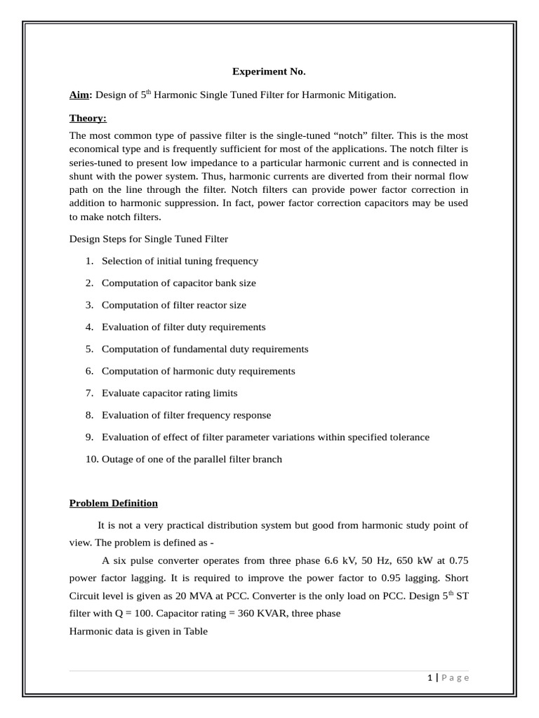 Design of 5th Harmonic Single Tuned Filter For Harmonic Mitigation. | PDF