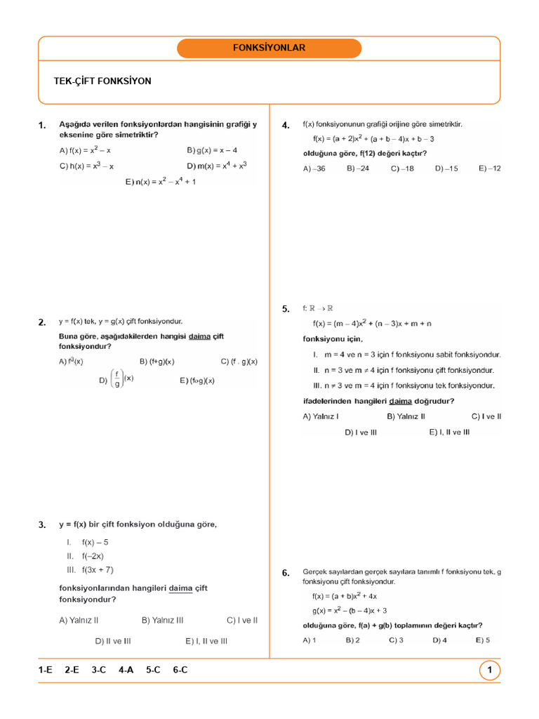 6) FONKSİYONLAR (Tek-Çift Fonksiyonlar) | PDF