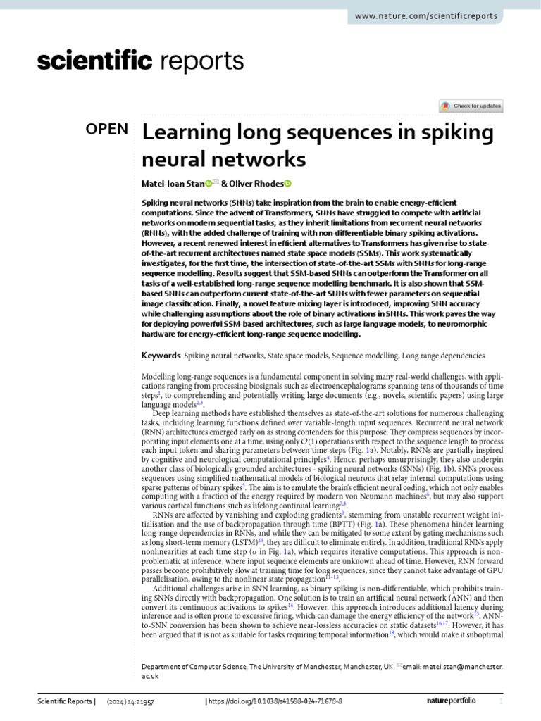 Learning Long Sequences in Spiking Neural Networks: Matei Ioan Stan ...