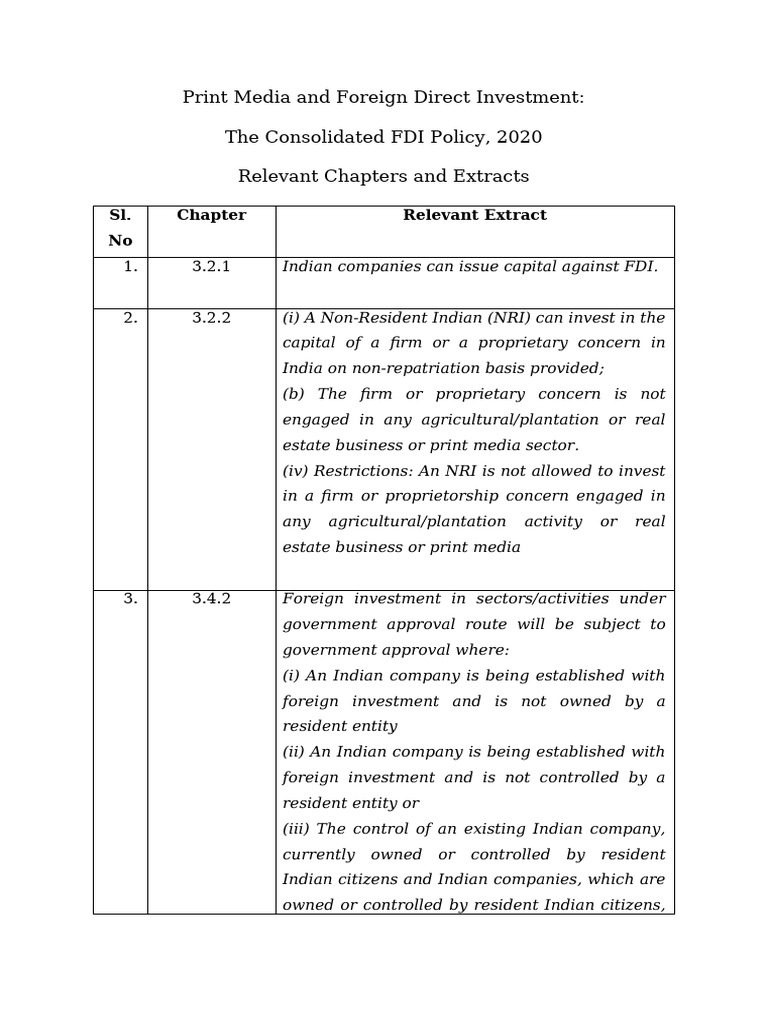 FDI Consolidated Rules 2020 On Print Media | PDF