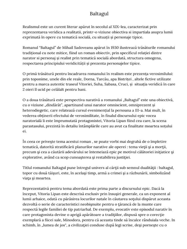 Baltagul de Mihail Sadoveanu (Roman Realist Mitic) | PDF