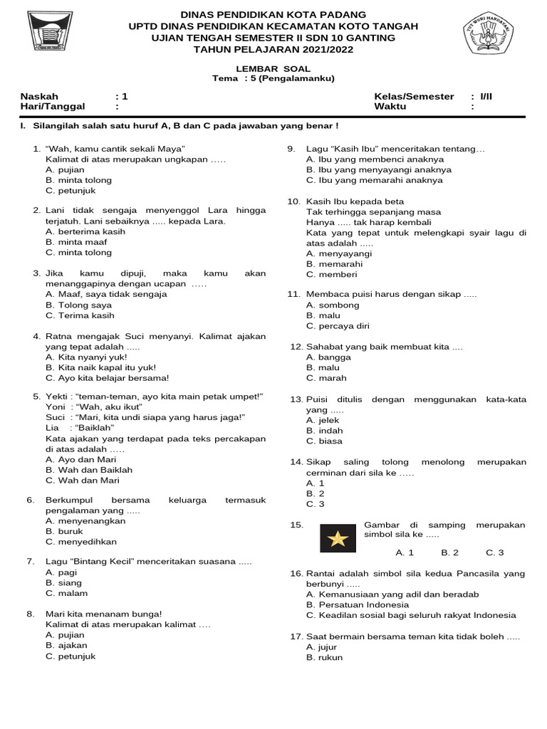 Soal Uts s2 Tema 5 Kelas 1 Va Naskah 1 | PDF