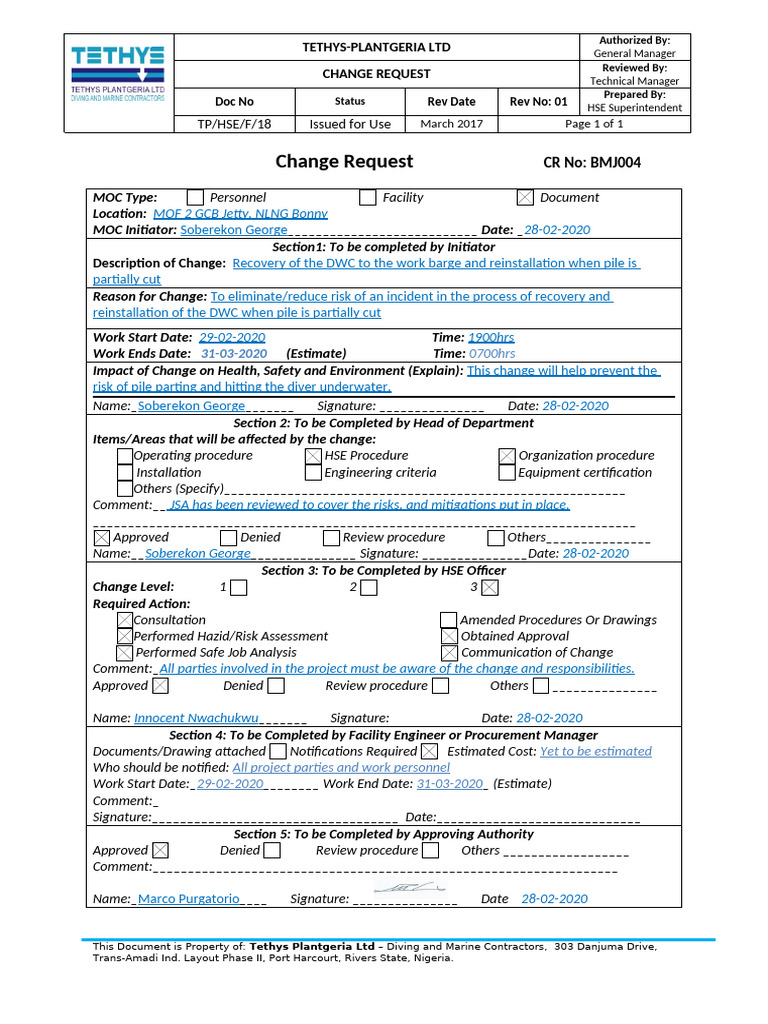 MOF Jetty Change Request Form (Partially Cut Pile) | PDF