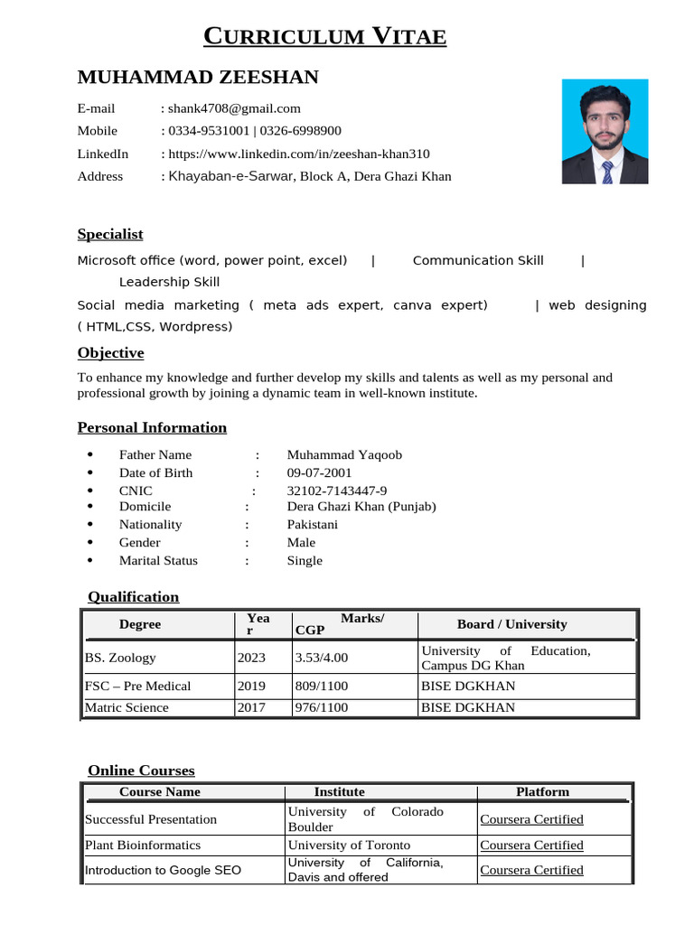 Zeeshan Khan CV | PDF