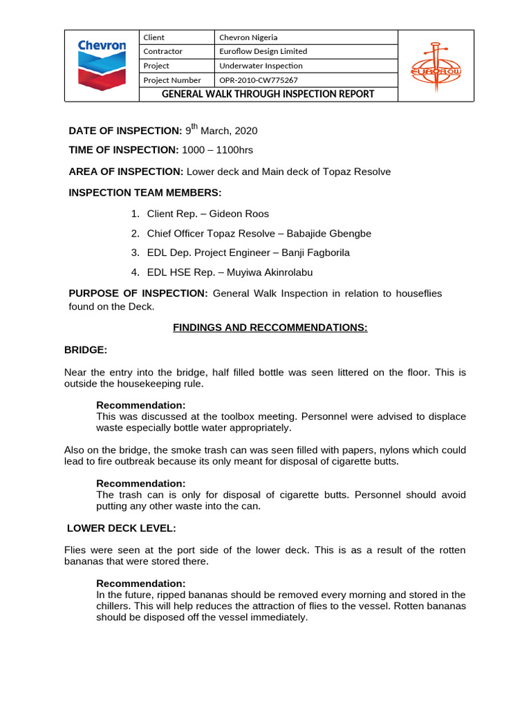 General Walk Through Inspection Report March 2020 | PDF