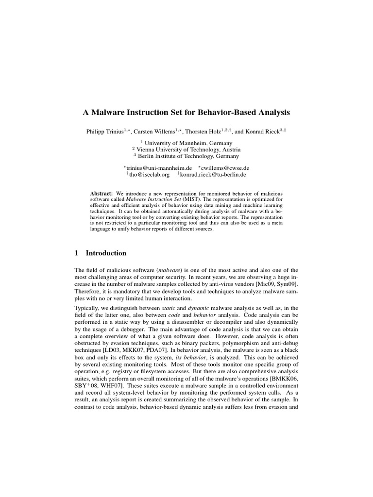 2010 A Malware Instruction Set For Behavior-Based Analysis | PDF