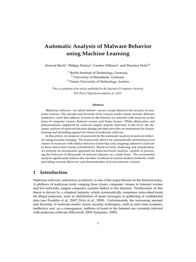 2011 Automatic Analysis of Malware Behavior Using Machine Learning | PDF