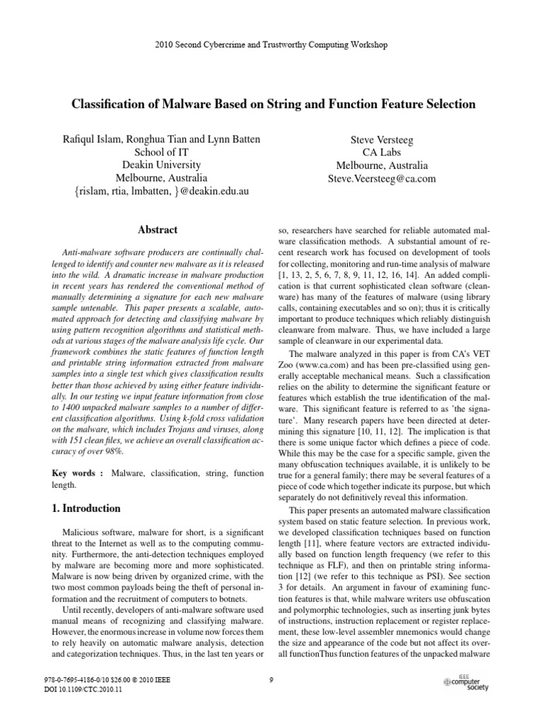 Classification Of Malware Based On String And Function Feature Selection Pdf