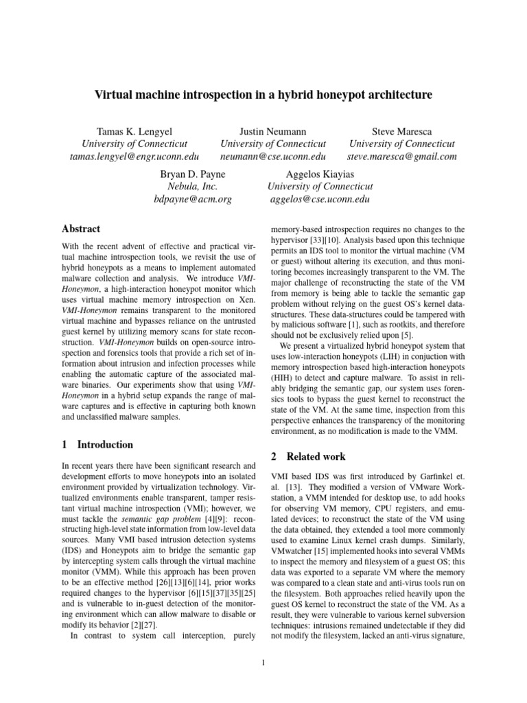 2012 Vmi-Honeymon Virtual Machine Introspection in A Hybrid Honeypot Architecture | PDF