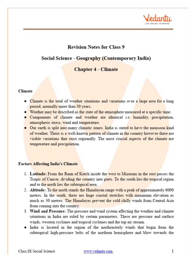 Social Science Geography Chapter 4 Climate Class 9 Notes PDF | PDF