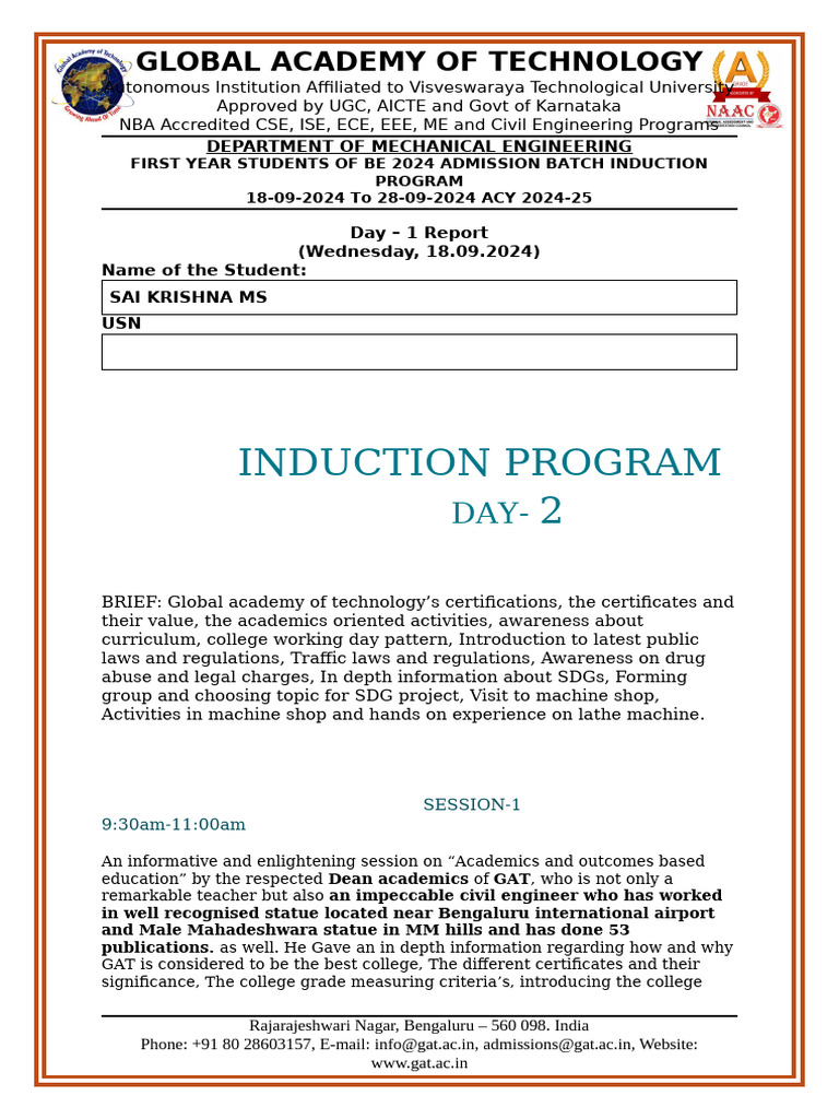 GAT BE 2024 Induction Program Day 1 | PDF