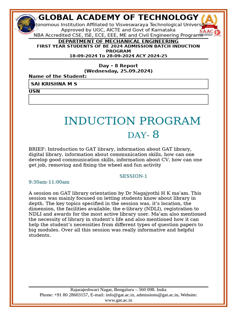 Induction Program Daily Report 8 | PDF | Engineering