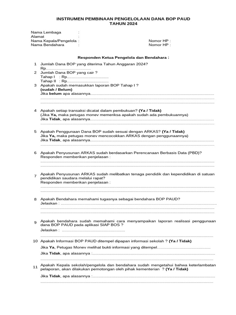 Instrumen Pembinaan Dan Pendampingan SP Paud Penerima Bop - Tahap 1 | PDF