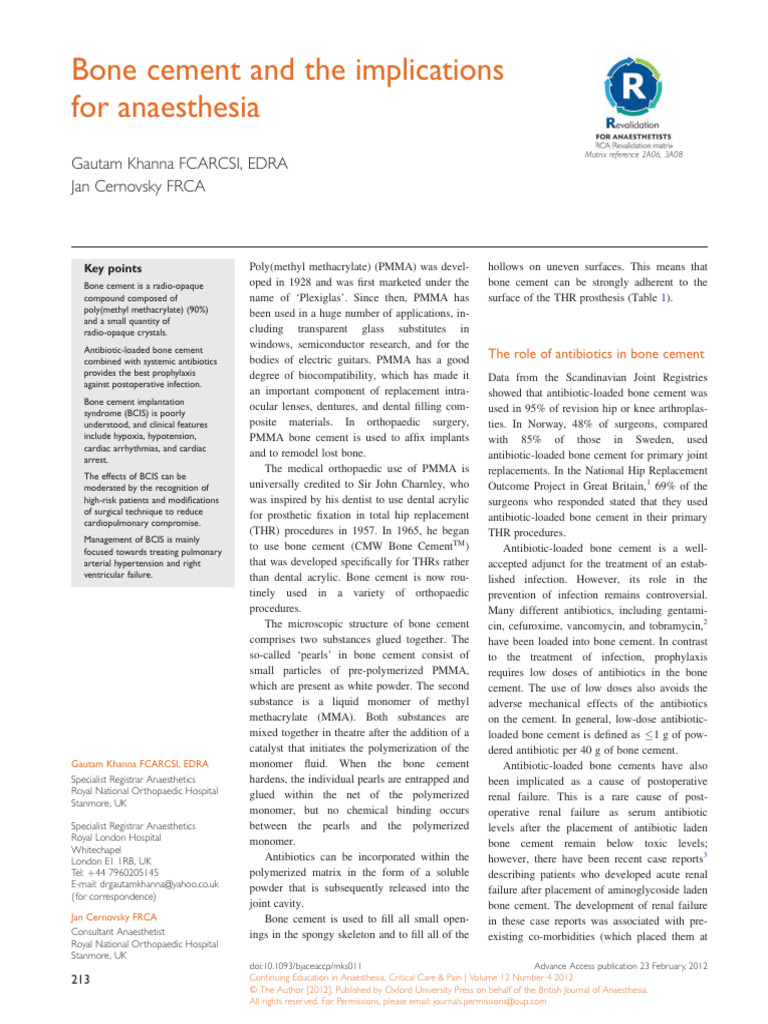 Bone Cement and The Implications For Anaesthesia | PDF