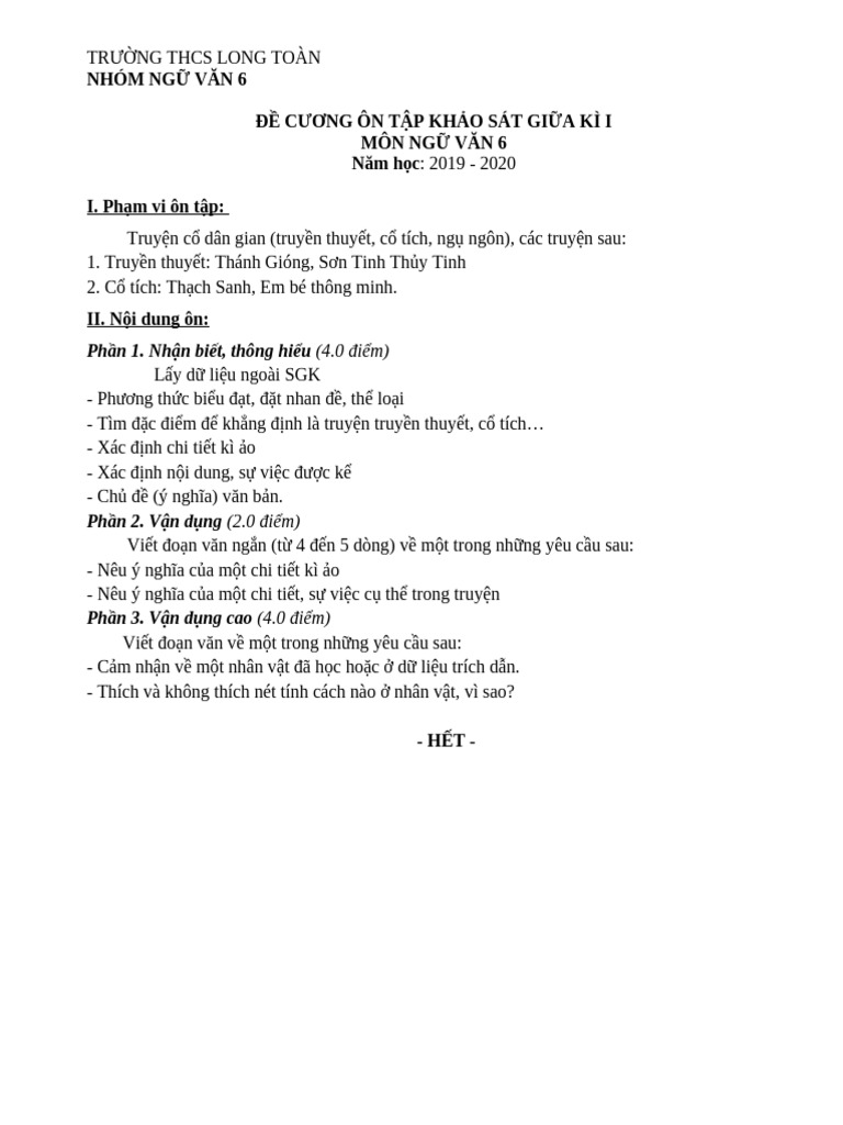 De Cuong On Tap Giua Ki I Mon Ngu Van 6 | PDF