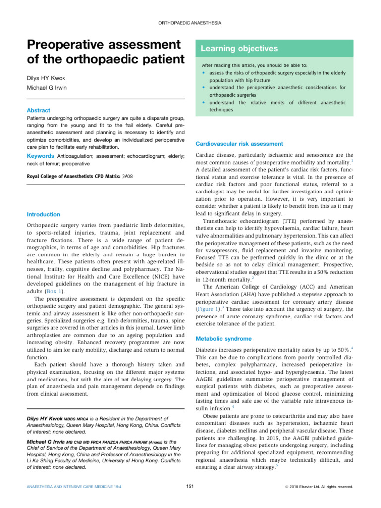 Preoperative Assessment of The Orthopaedic Patient | PDF