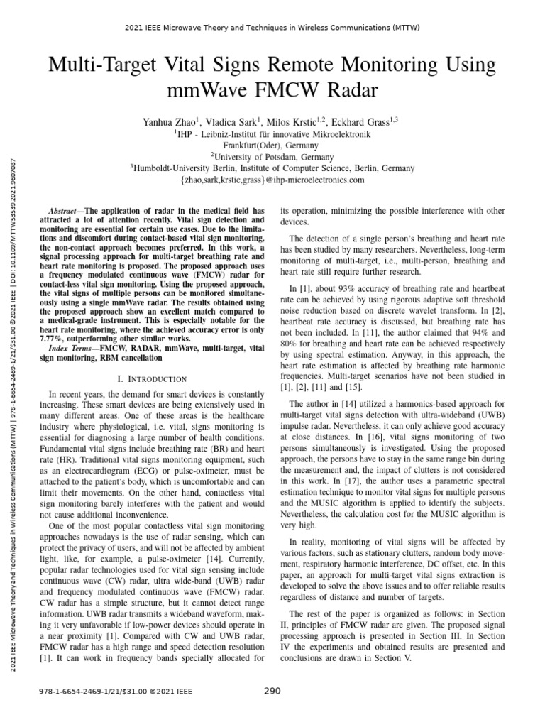 Multi-Target Vital Signs Remote Monitoring Using Mmwave FMCW Radar | PDF