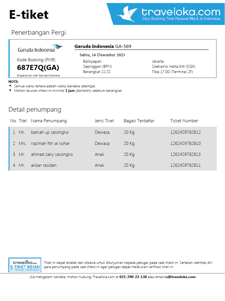 Tiket Garuda Indonesia GA 569 687E7Q GA | PDF