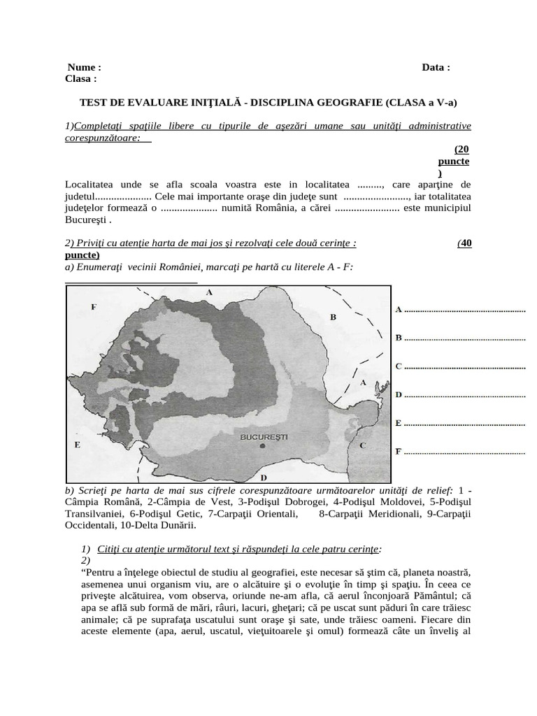 Geografie Test Initial A 5 | PDF