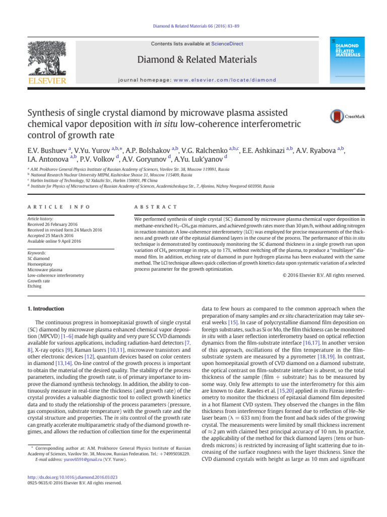 Synthesis of Single Crystal Diamond by Microwave Plasma Assisted | PDF