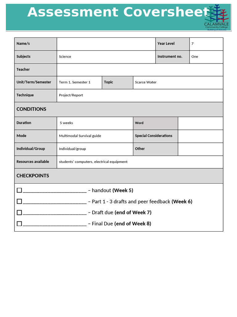 Science Water Unit Assessment Task | PDF