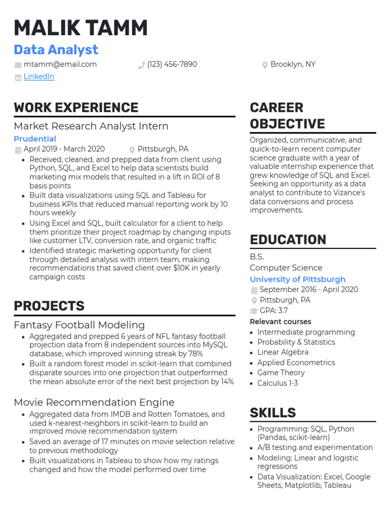 Data Analyst Resume: Malik Tamm | PDF | Data | Data Analysis