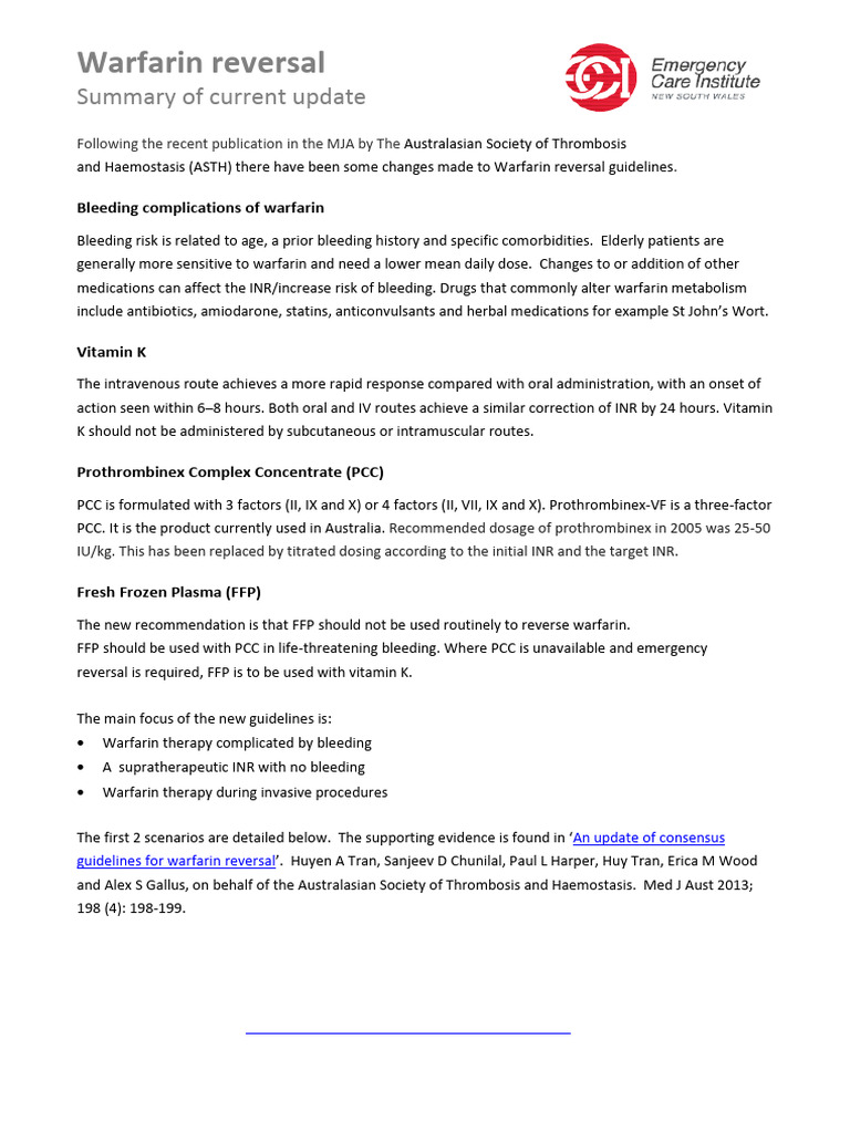 Warfarin Reversal Summary Of Current Update Updated June 2016 Pdf