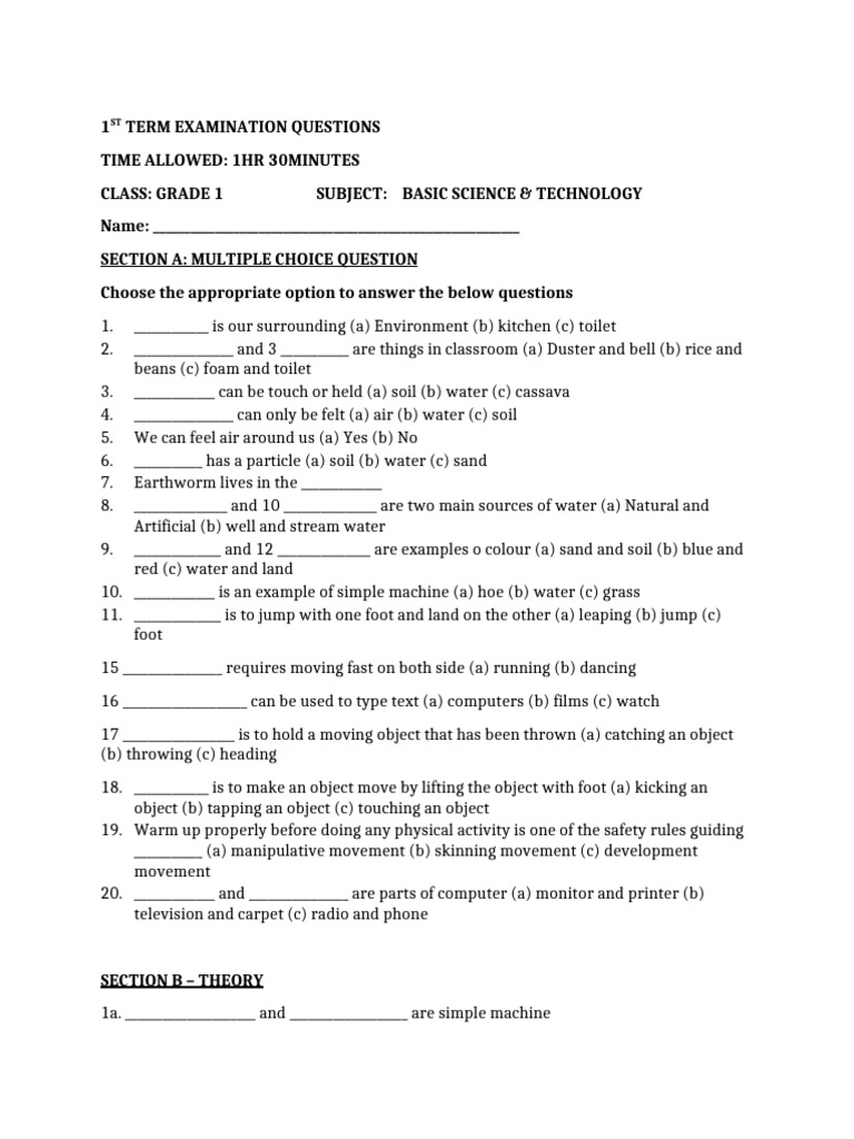 Exam For Basic Science and Technology Primary 1 1st Term | PDF