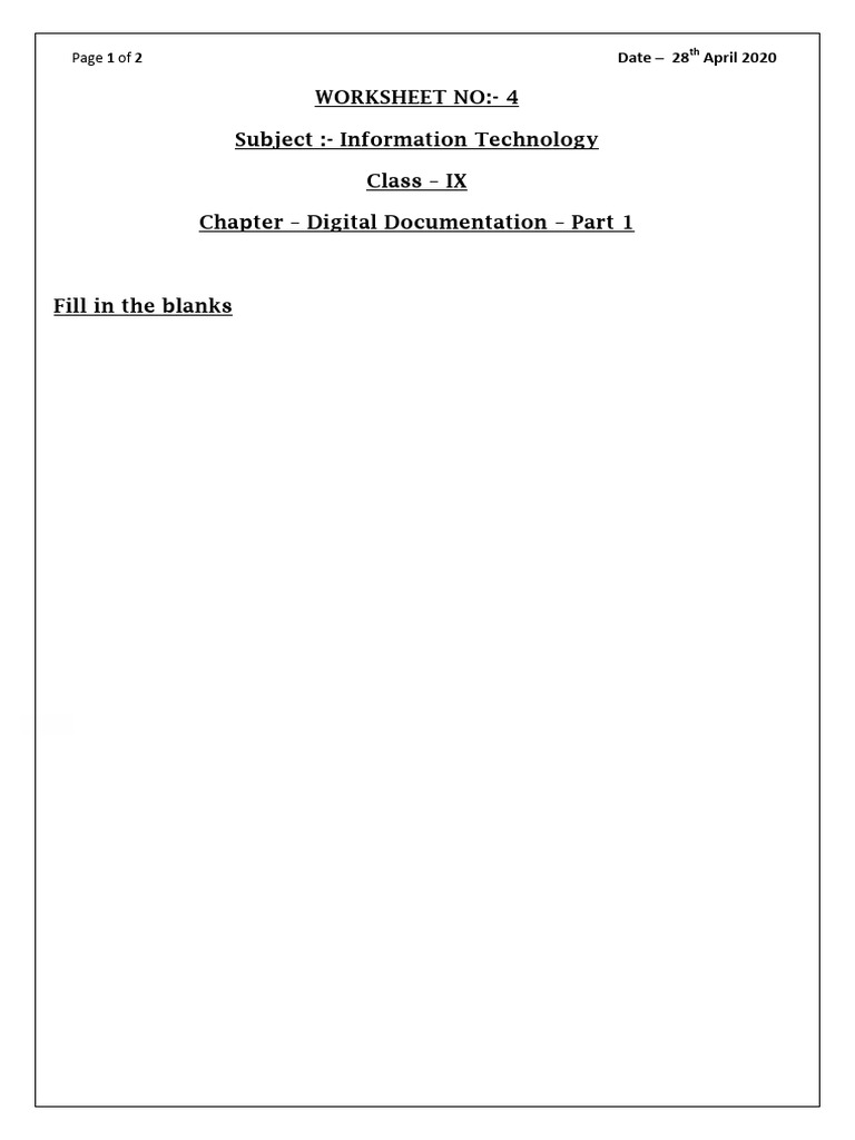 Worksheet No:-4 Subject: - Information Technology Class - IX Chapter ...