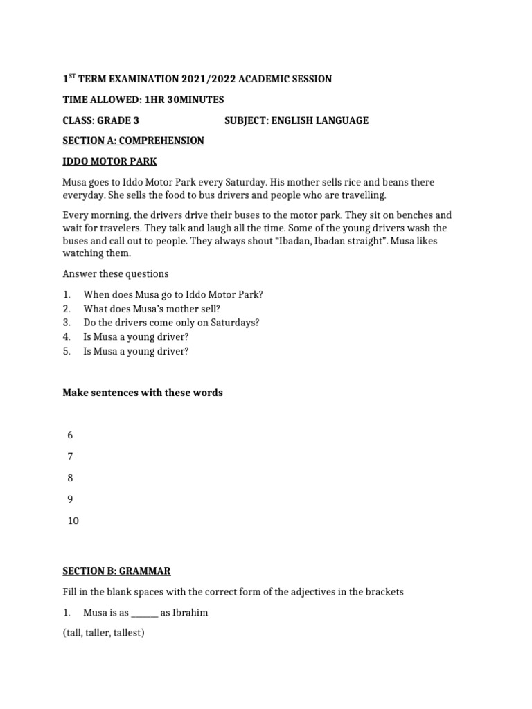 Exam For English Language Primary 3 1st Term | PDF | Linguistics | Syntax
