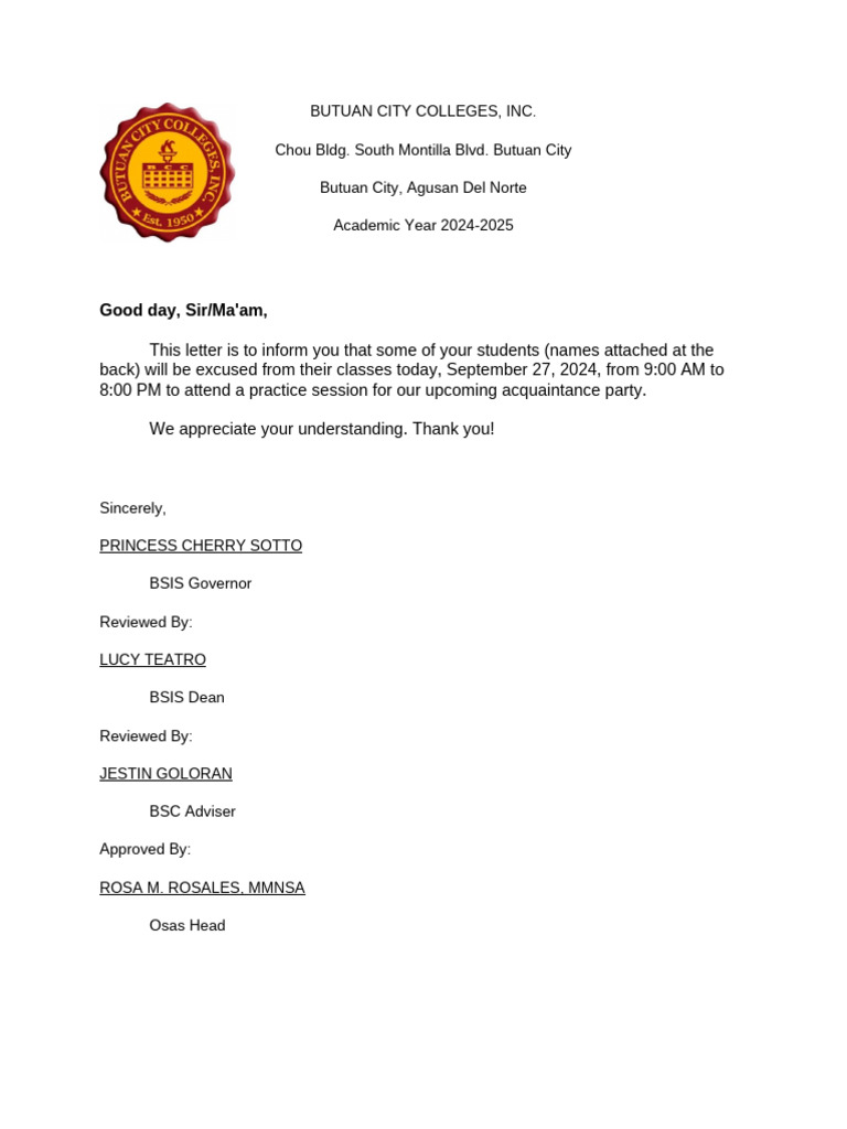 BSIS Dancers Excuse Letter, BCCI | PDF
