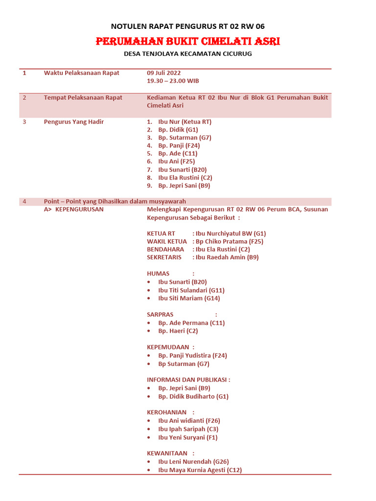 NOTULEN RAPAT PENGURUS RT 02 RW 06 09 Juli 2022 | PDF
