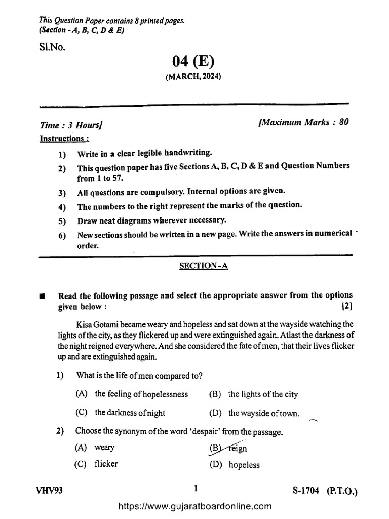 Gseb Class 10 English First Language 04 e Mar 2024 | PDF