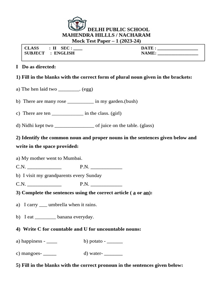 Class 2 English MockTest Paper 1 & 2 (2023-24) | PDF