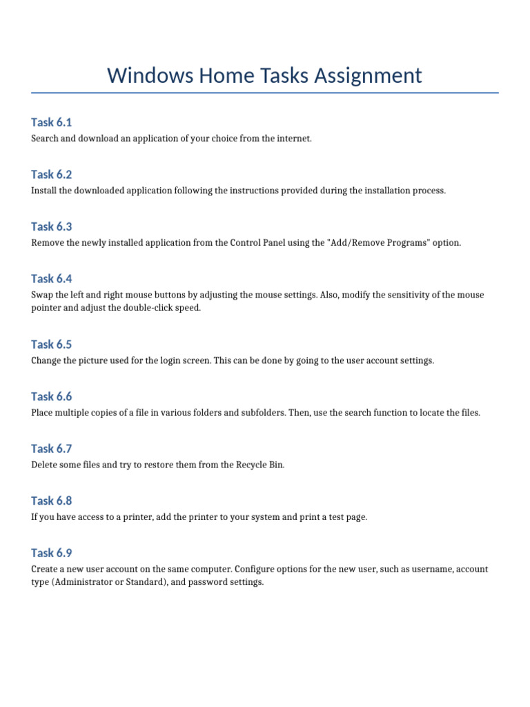 Windows Home Tasks Assignment With Screenshots | PDF