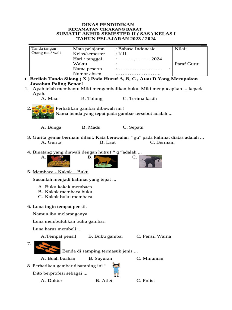 Soal Pas Bahasa Indonesia Kelas 1 Semester 2 | PDF