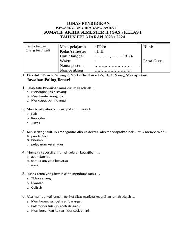 Soal Pas PPKN Kelas 1 Semester 2 | PDF