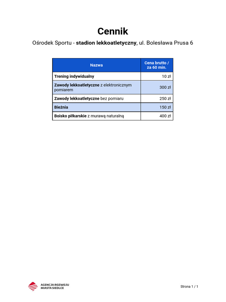 Ośrodek Sportu - Cennik - Stadion Lekkoatletyczny | PDF