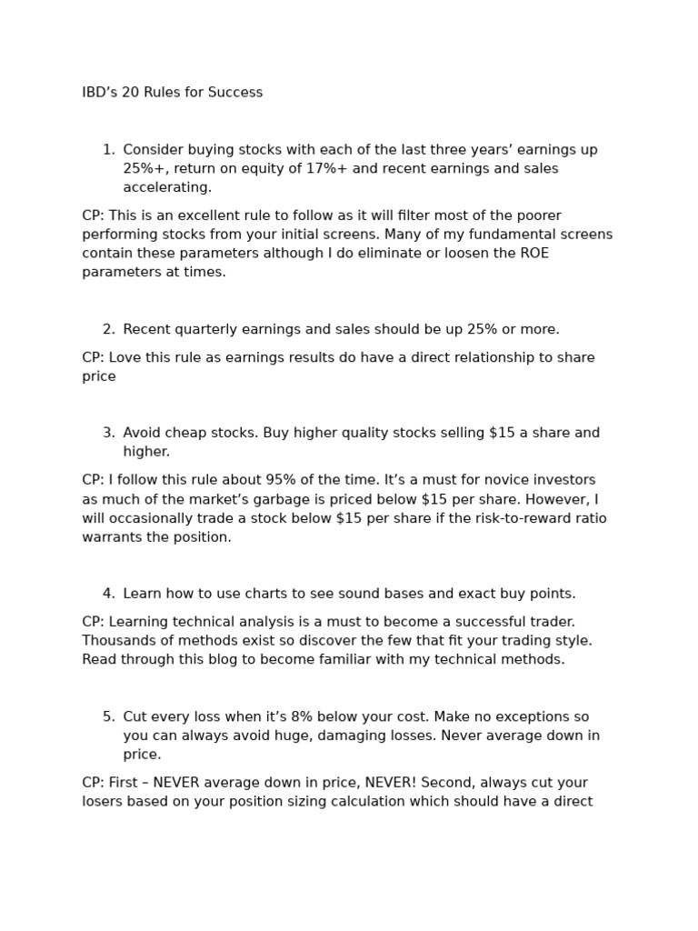 IBD's 20 Investment Success Rules | PDF | Stocks | Investing