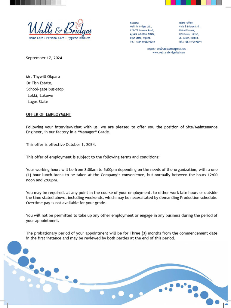 Site Engineer - Thywill Offer Letter 17-09 | PDF