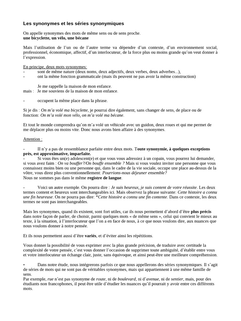 Synonymes Sommaire | PDF