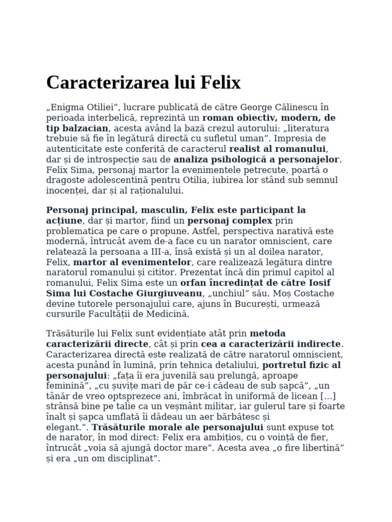Caracterizarea Lui Felix | PDF