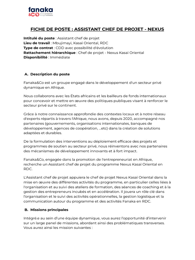 Fiche de Poste - Assistant Chef de Projet - Nexus | PDF