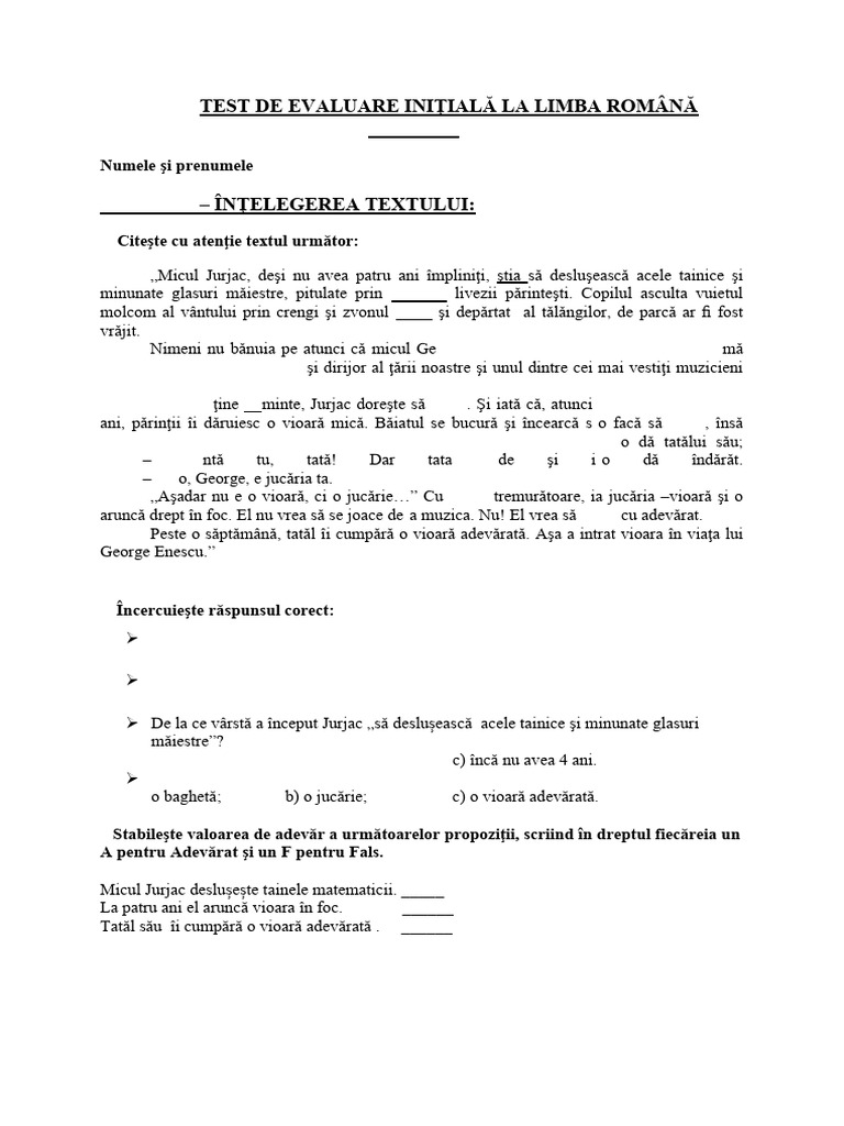 Test de Evaluare Initiala Limba Romana Cls.4 Vlad Marcela | PDF